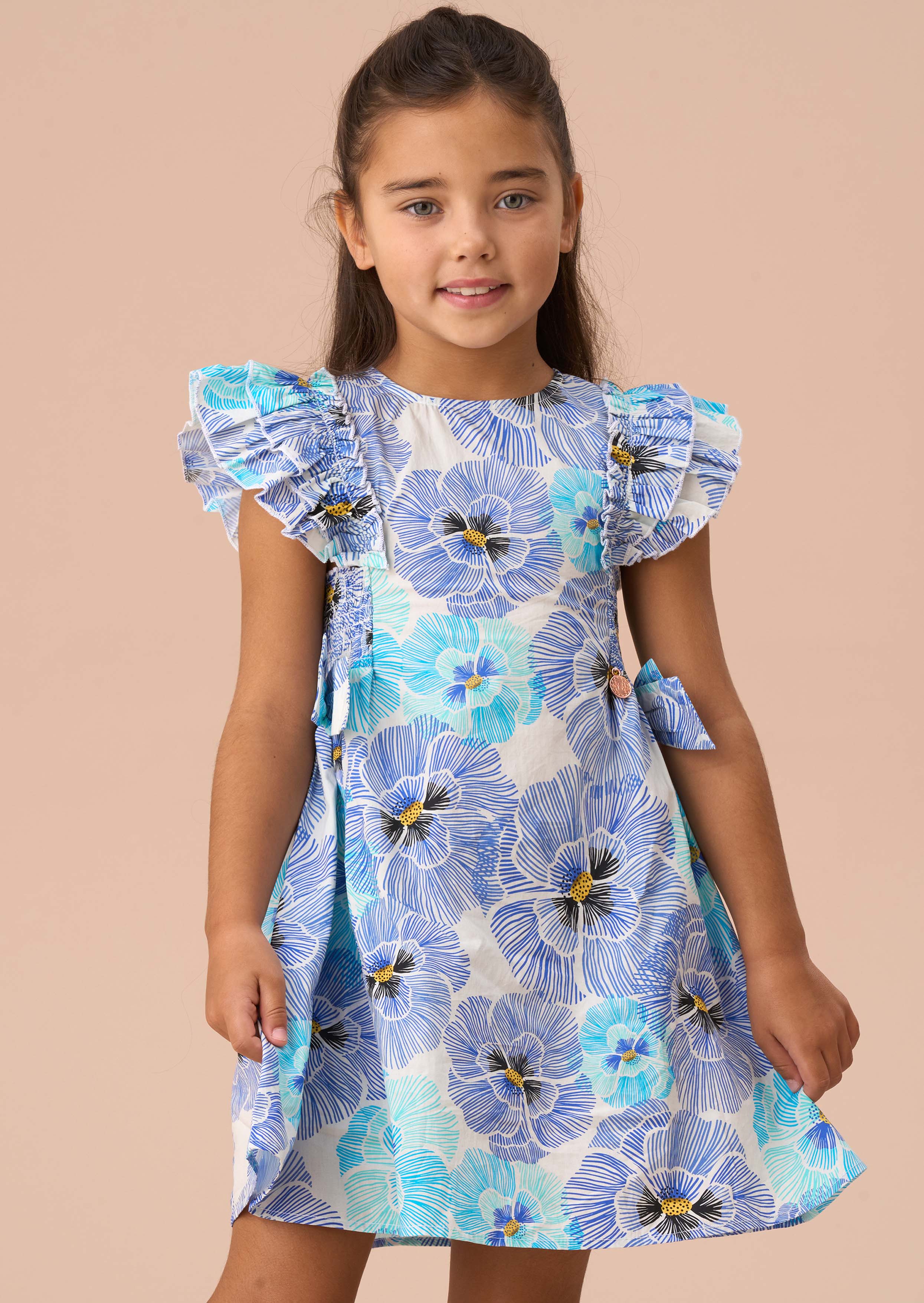 Girls Printed Blue Cotton Shirred Panel Dress
