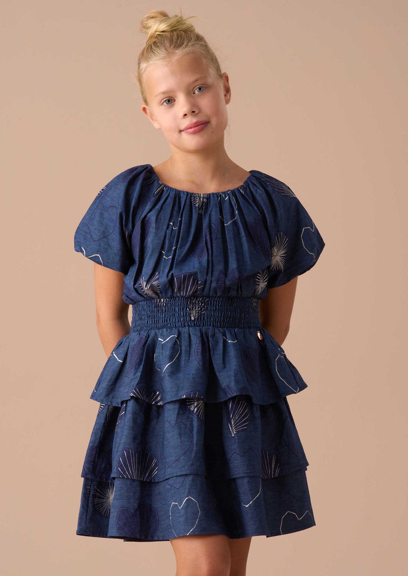Girls Blue Foil Print Denim Tiered Puffball Sleeve Dress