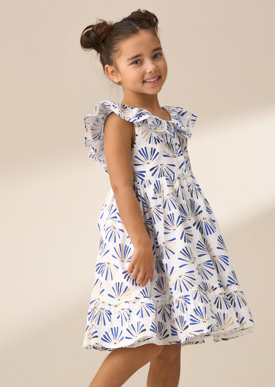 Girls Frill Neck Print Dress Blue