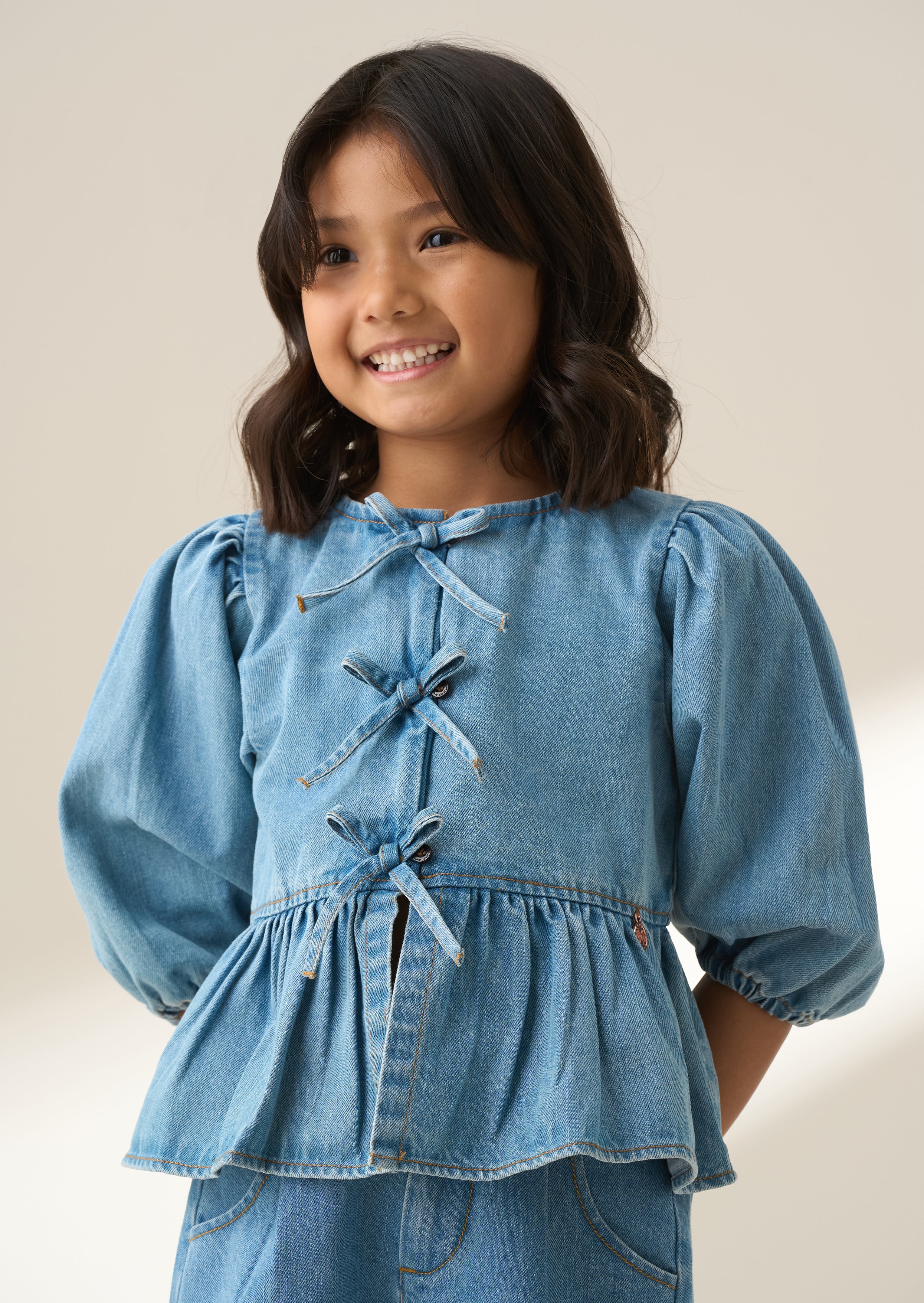 Girls Denim Peplum Bow Top Blue