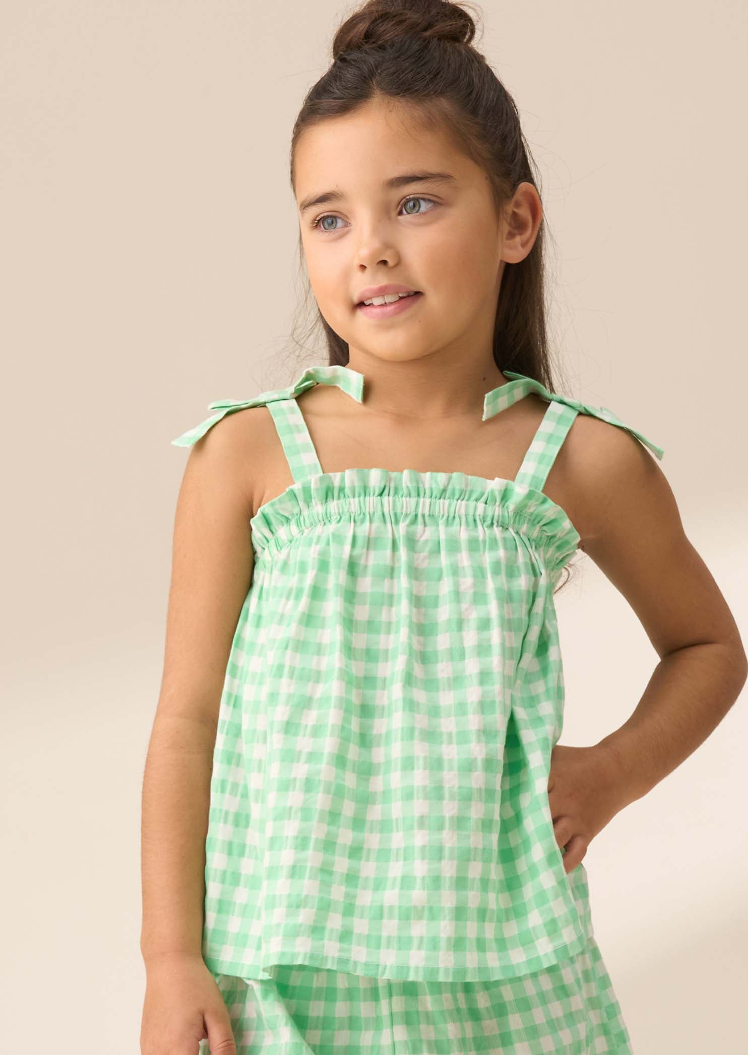Girls Gingham Shirred Top Green
